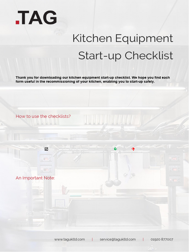 TAG Kitchen Equipment Start Up Checklist | PDF | Refrigerator | Home ...