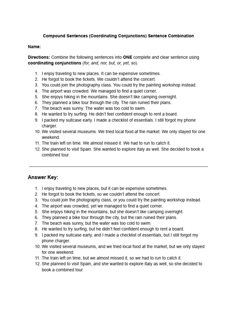 Compound Sentences Worksheet KEY | PDF