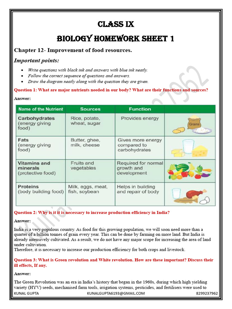 CLASS IX BIOLOGY Chapter 12 - Improvement of Food Resources. HOMEWORK ...