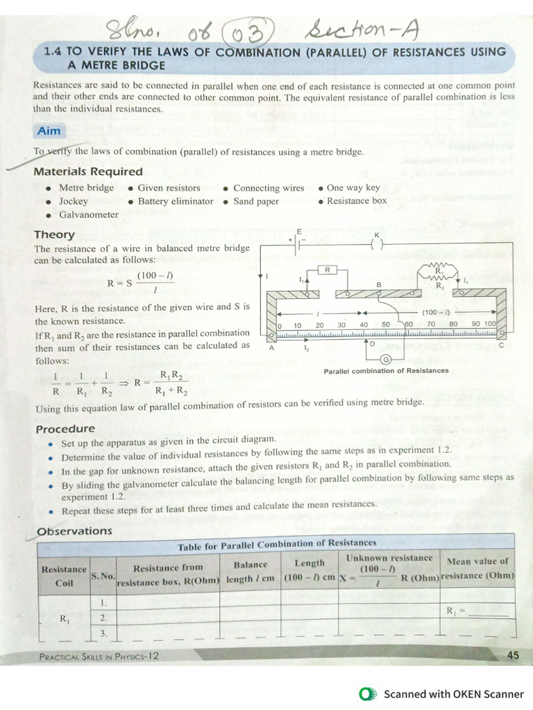 Or 3A To Verify Law of Combination (Parallel) of Resistance Using A ...