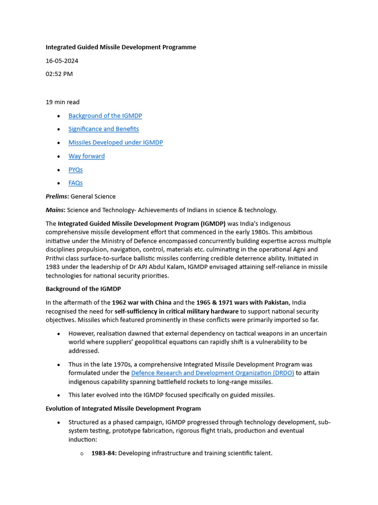 Integrated Guided Missile Development Programme | PDF | Missile ...