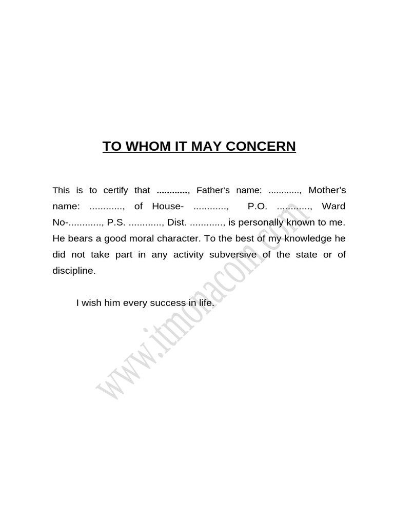 Character Certificate Format in English Word File Download | PDF