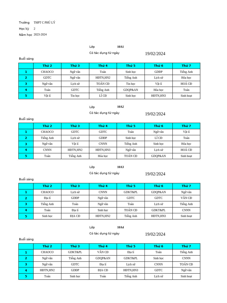 Thứ 2 Thứ 3 Thứ 4 Thứ 5 Thứ 6 Thứ 7 1 2 3 4 5: Trường Học kỳ Năm học | PDF