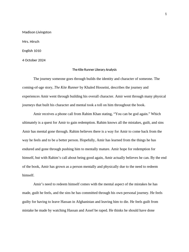 Madison - Livingston - The Kite Runner Literary Analysis | PDF