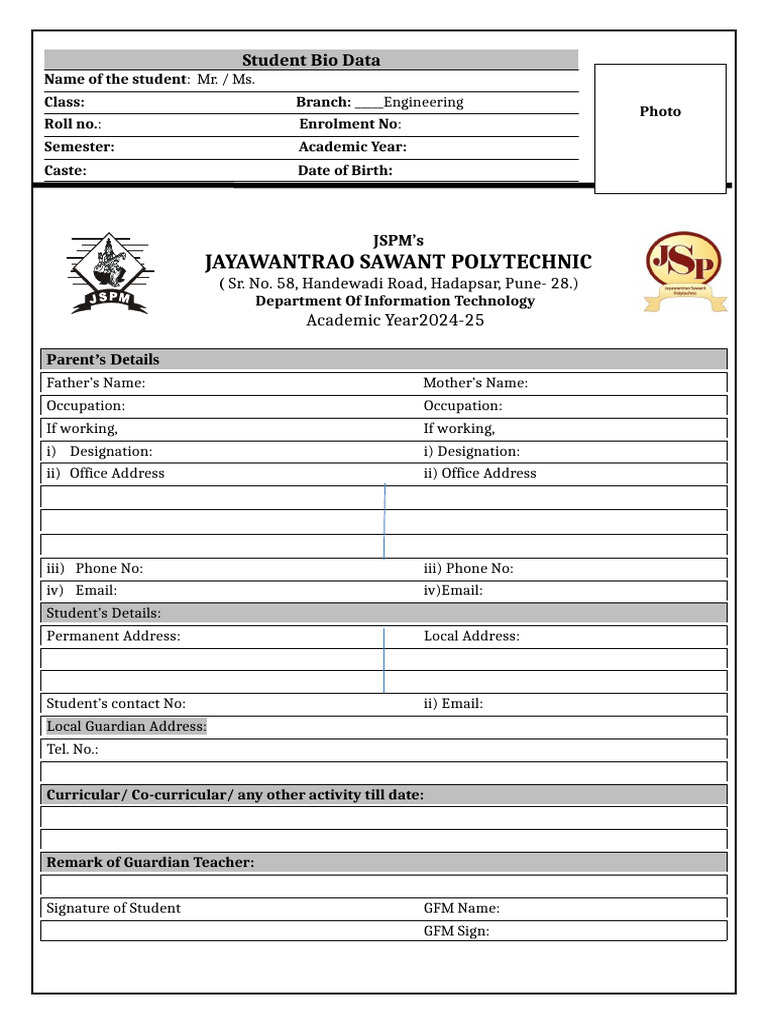 Student Bio Data for Nirmal Vidhyapeeth | PDF