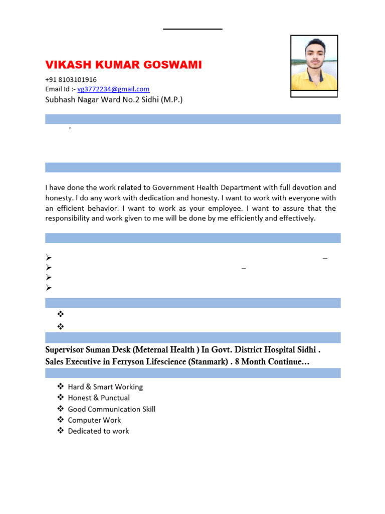 Resume Vikash Kumar Goswami HQ SIDHI | PDF