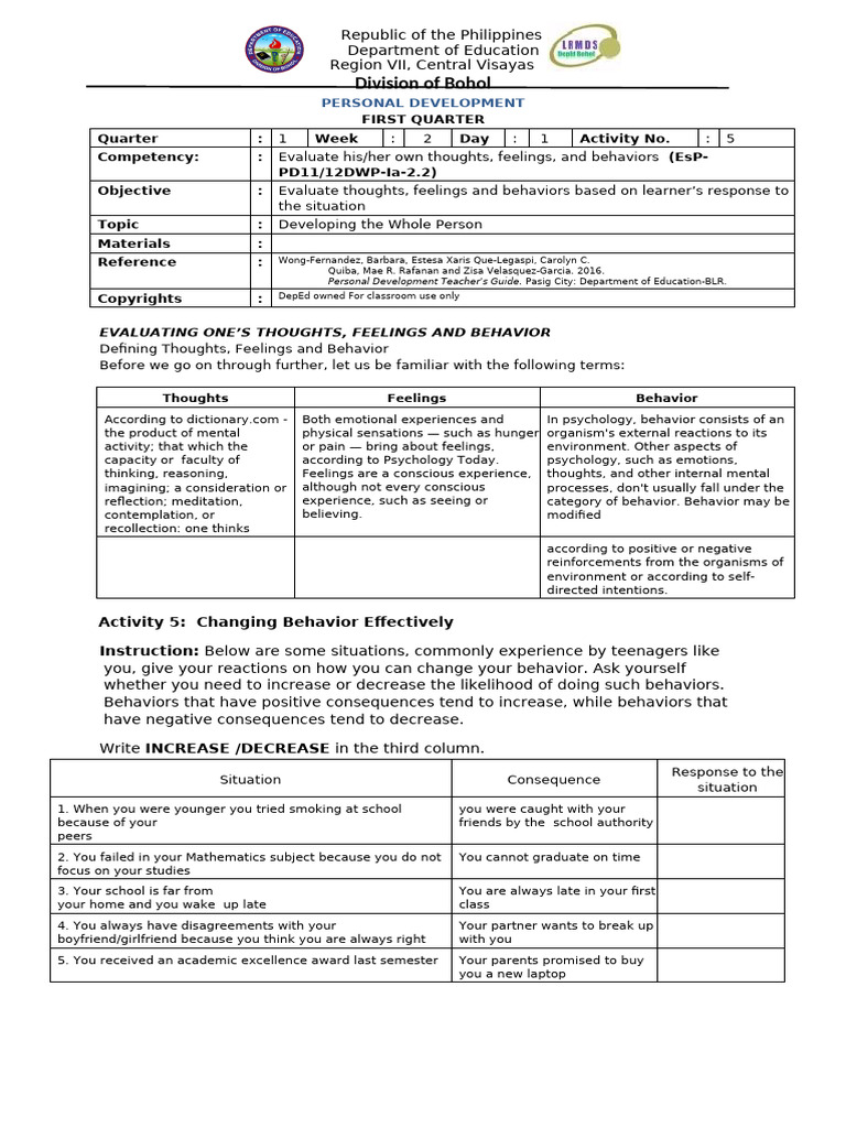 SHS - CORE - PERDEV - Wk2 - Day 1-4 | PDF | Thought | Feeling