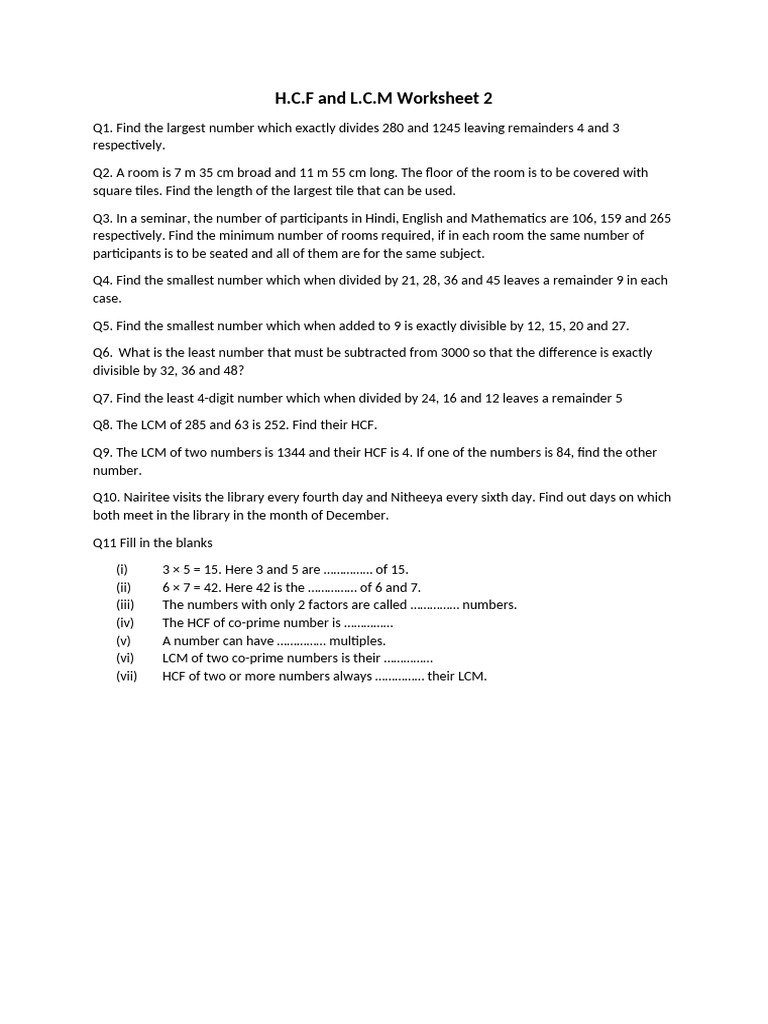 HCF and LCM worksheet 2 | PDF