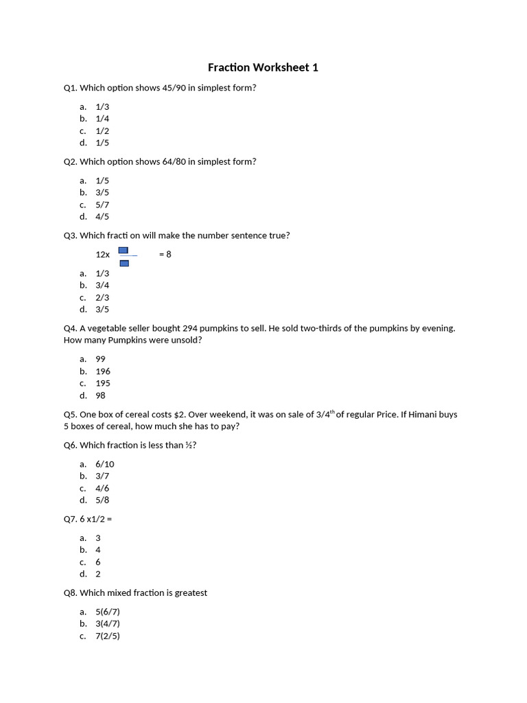 Fraction Worksheet | PDF