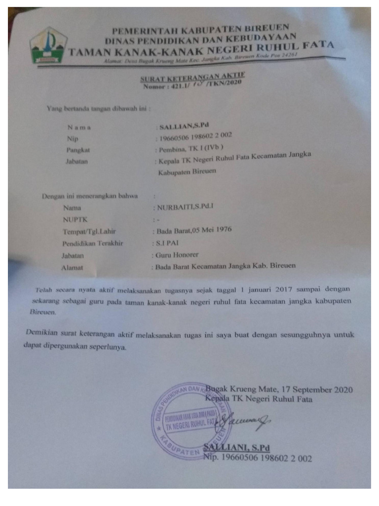 SRT Keterangan Aktf Bu Baiti | PDF