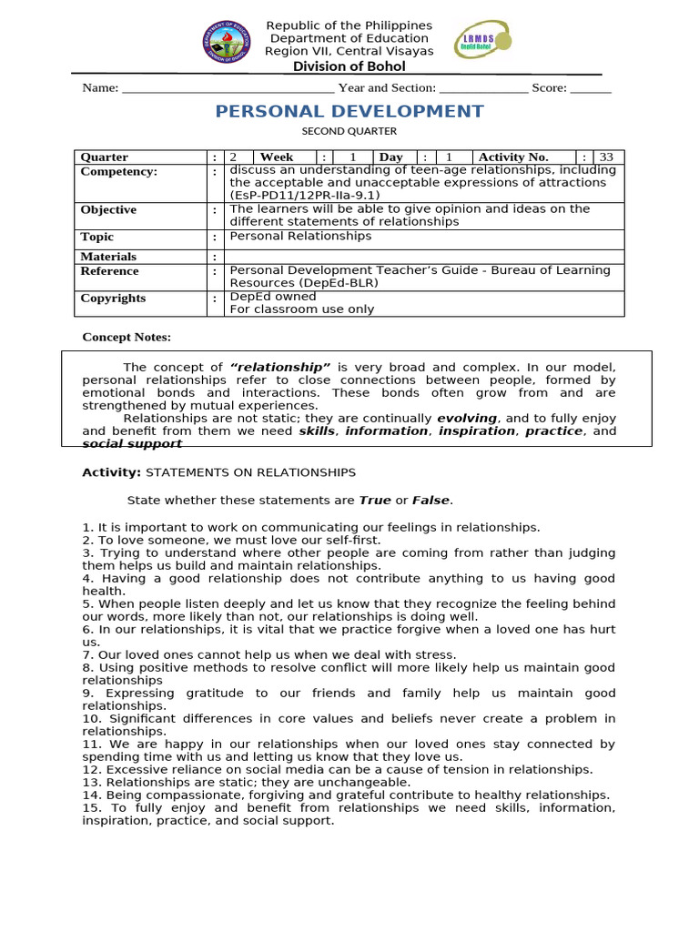 SHS - PERDEV - Q2 - Wk1 Act33-36 | PDF | Learning | Sexual Intercourse