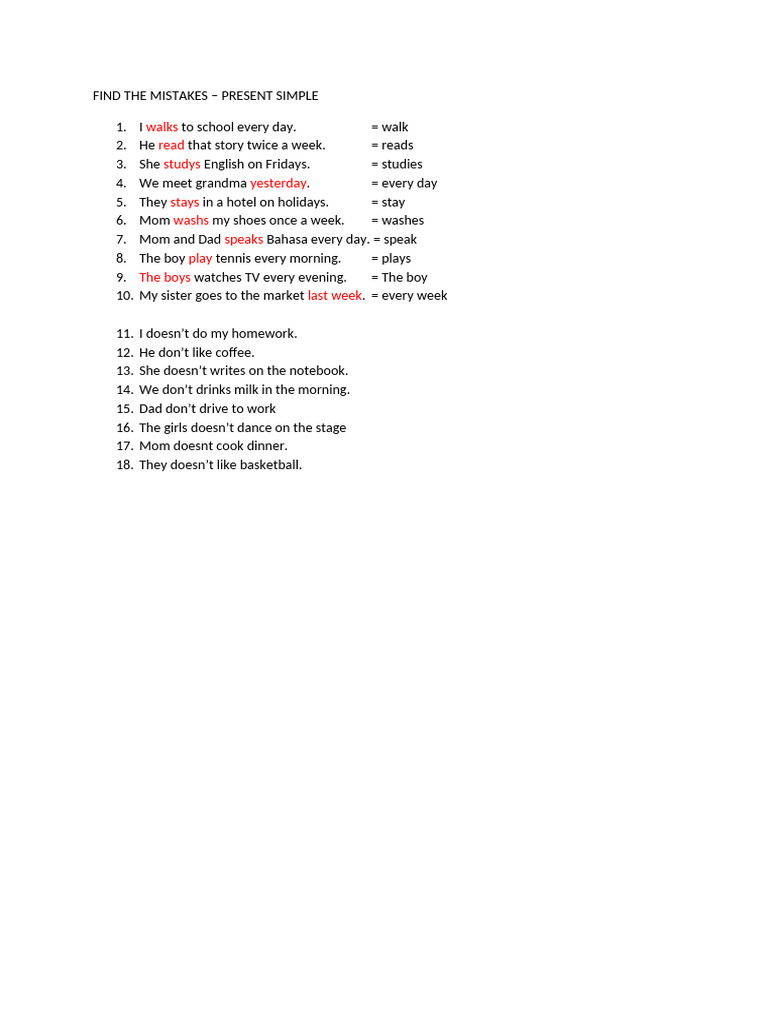 Find The Mistakes - Present Simple | PDF