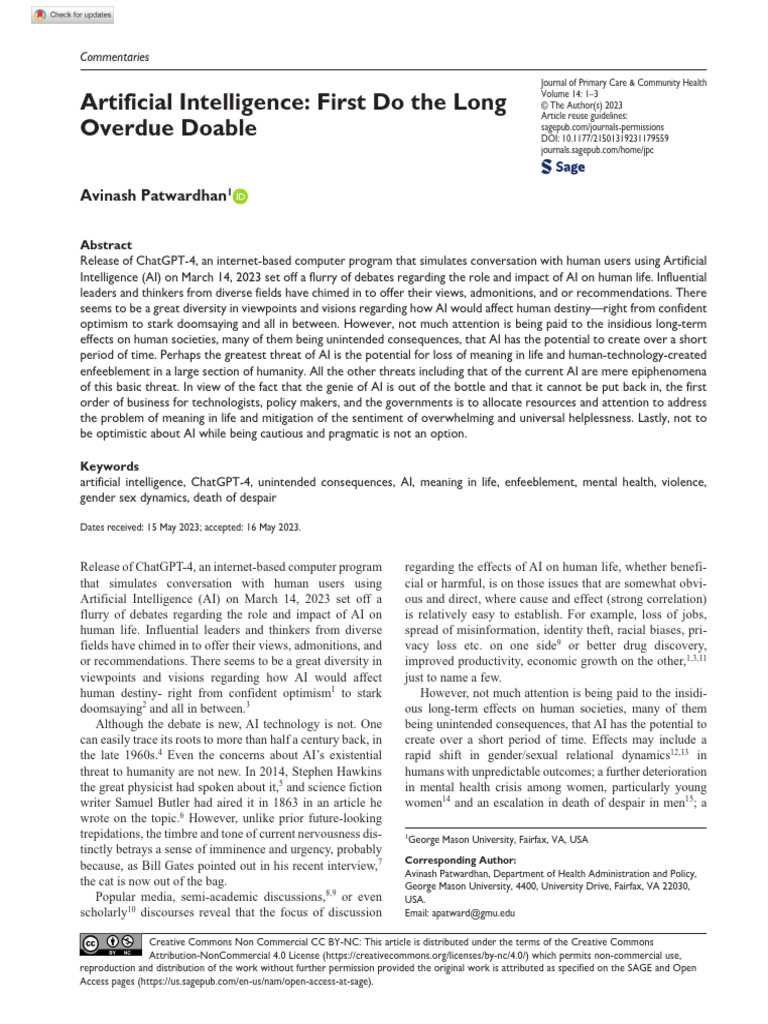 Patwardhan 2023 Artificial Intelligence First Do The Long Overdue Doable | PDF | Artificial ...