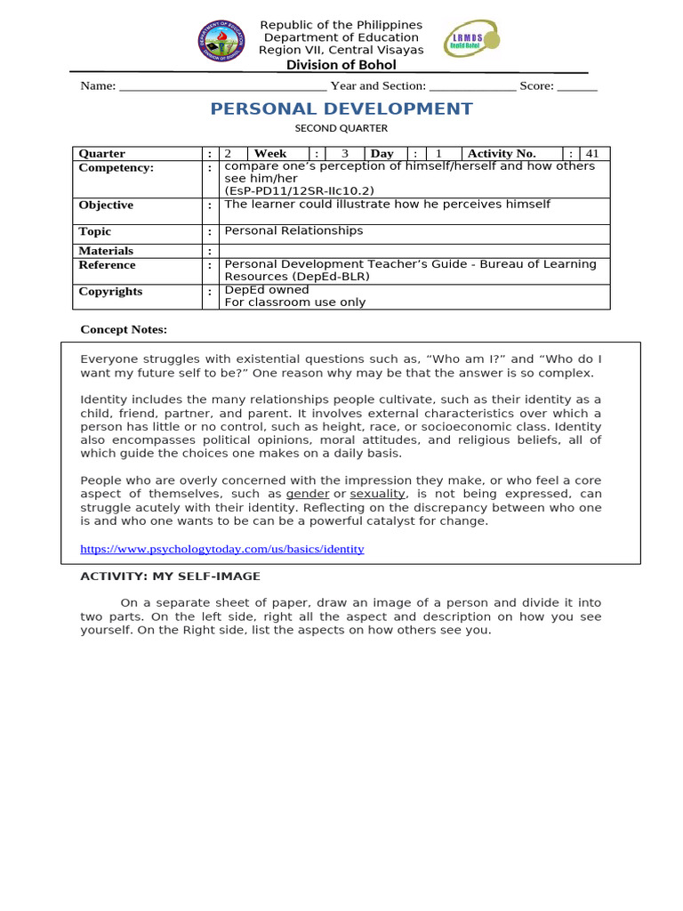 SHS_PERDEV_Q2_Wk3 Act41-44 | PDF | Family | Identity (Social Science)