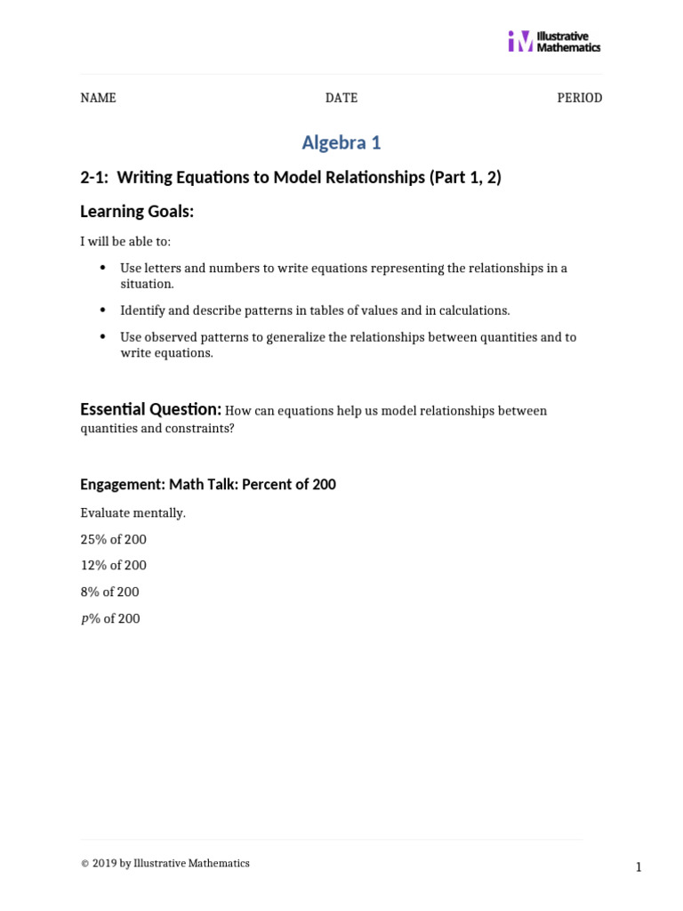 Algebra 1: Writing Equations & Patterns | PDF | Algebra | Equations