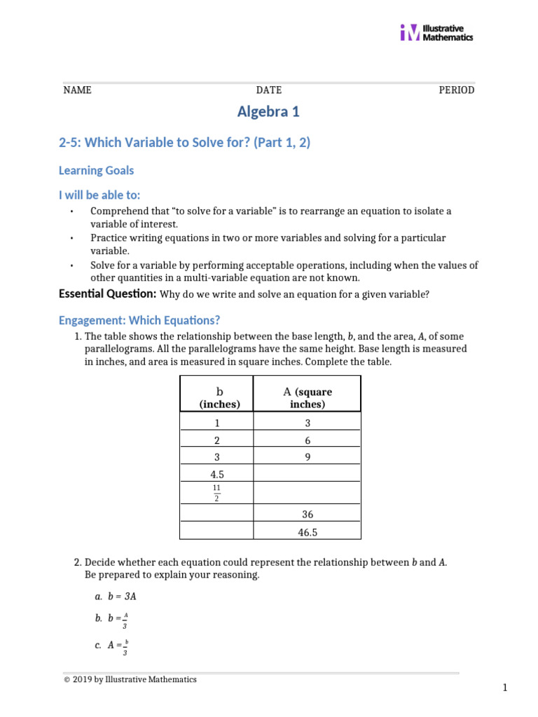 Alg1 Lesson 2 5IM | PDF | Equations | Variable (Mathematics)