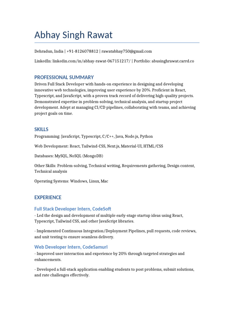Abhay Singh Rawat Resume | PDF | Java Script | Web Development