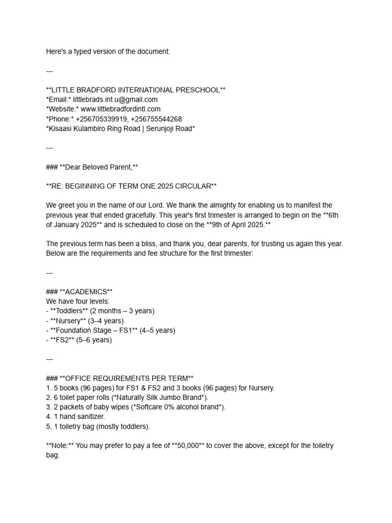 Term One 2025 Circular for Parents | PDF