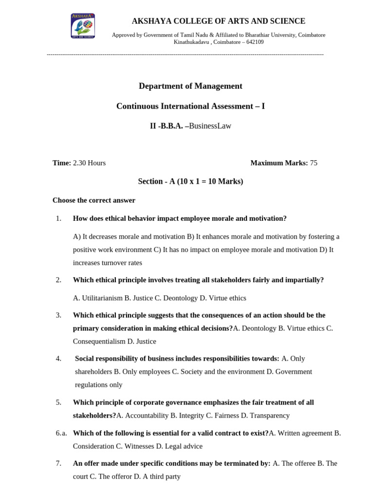 BUSINESS LAW CIA 1 QP (1) | PDF | Justice | Crime & Violence