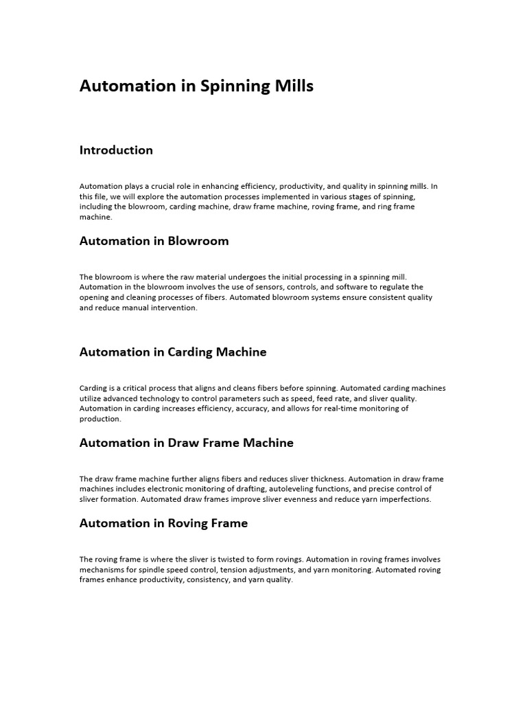 Automation in Spinning Mills | PDF | Spinning (Textiles) | Automation