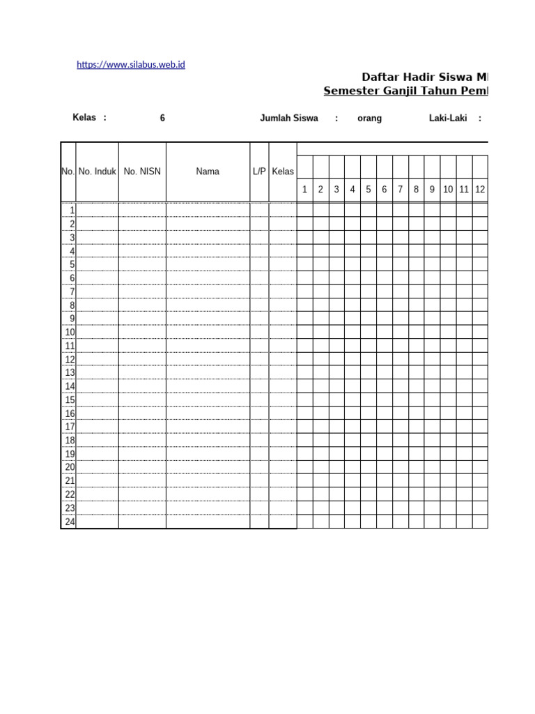 Contoh Absensi Siswa Rekap Otomatis Semester Ganjil | PDF