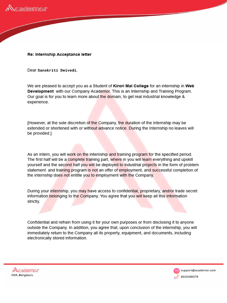 Acceptence Letter Sanskriti Dwivedi | PDF