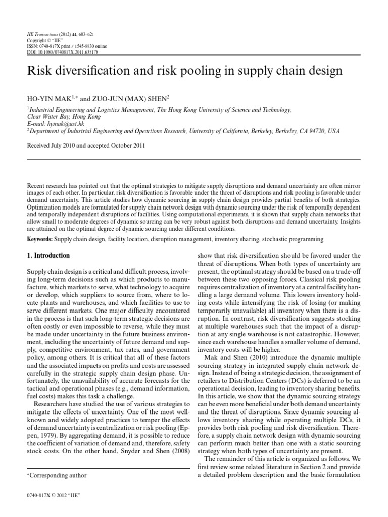 Risk Diversification and Risk Pooling in Supp | PDF | Inventory | Loss ...