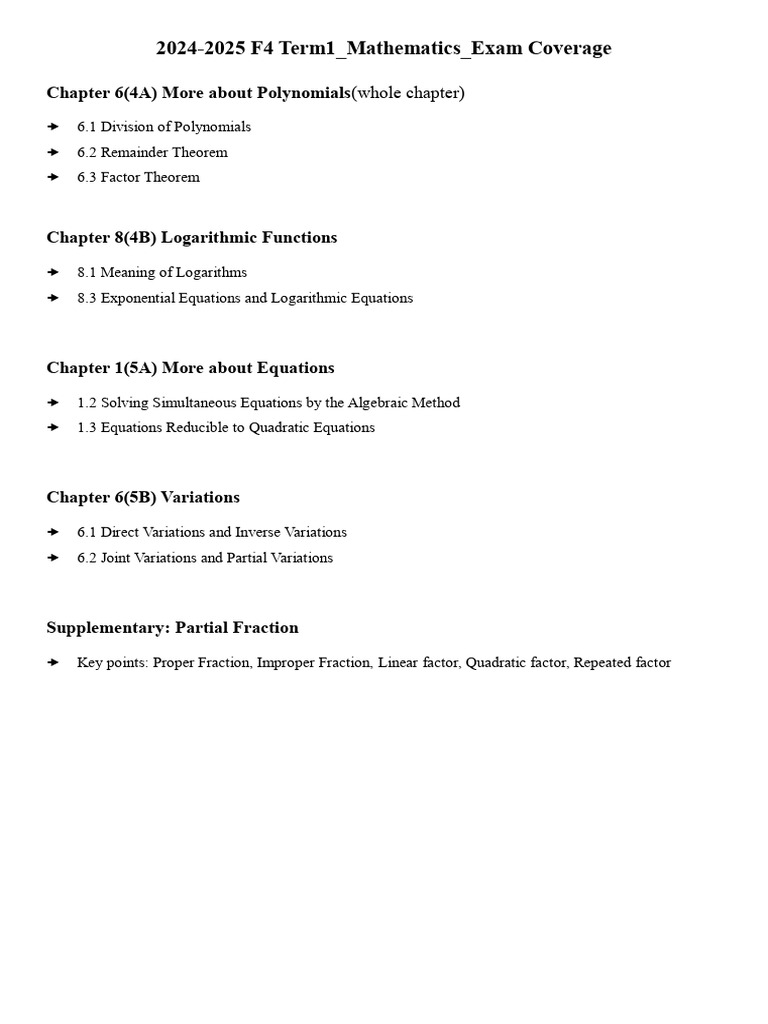 2024-2025 F4 Term1_Mathematics_Exam Coverage | PDF