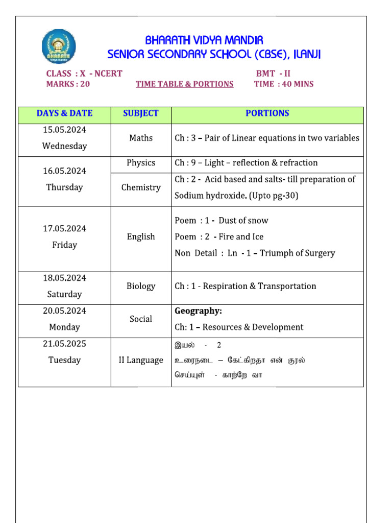 X - BMT - 2 Time Table & Portion Ncert | PDF