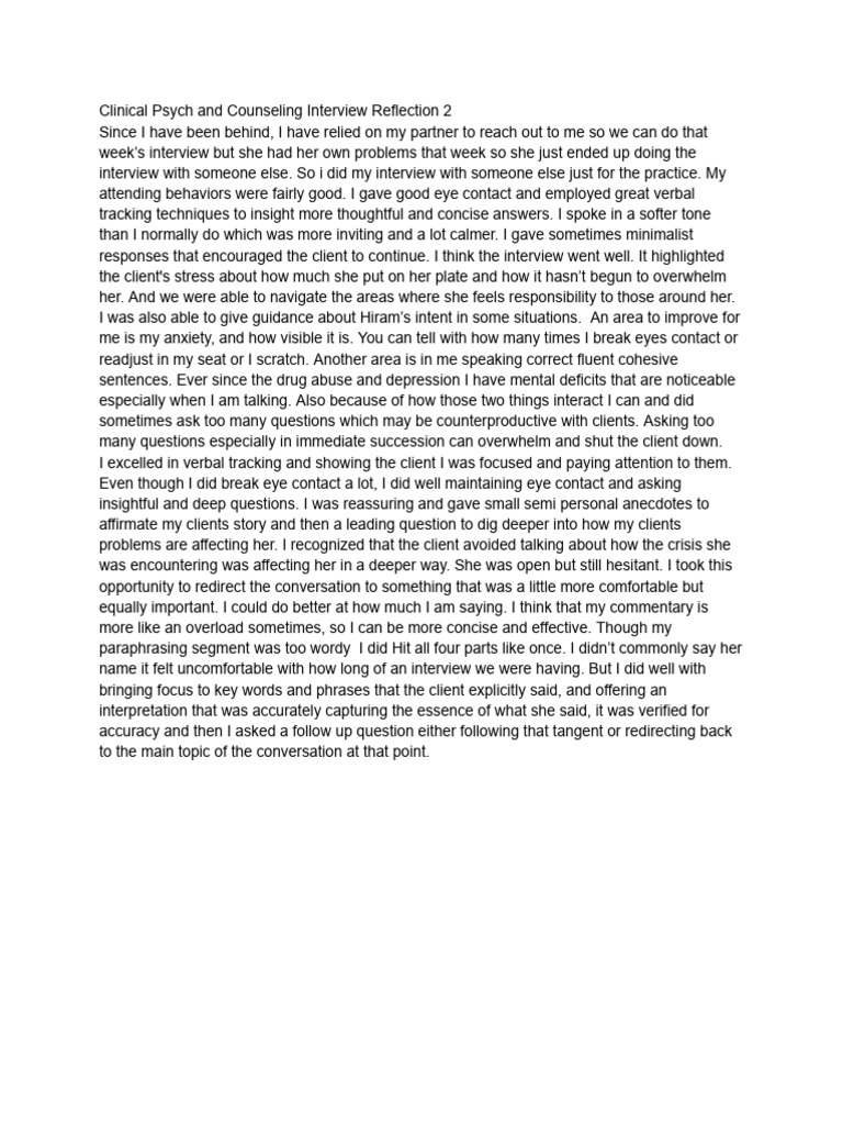 Clinical Psych and Counseling Interview Reflection 2 | PDF | Social Psychology | Behavioural ...