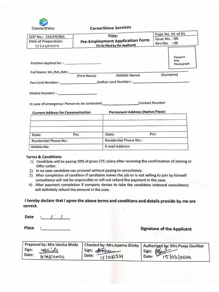 APLLICATION FORM | PDF