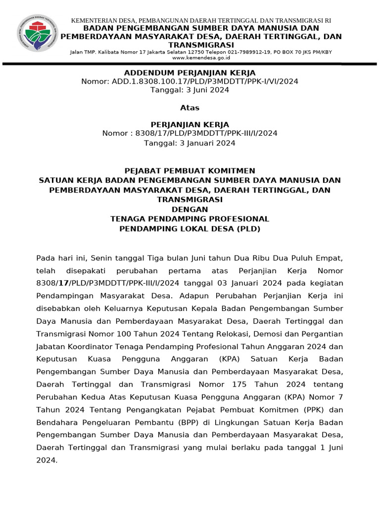 SURAT PERJANJIAN KERJA PLD 2024 ADENDUM | PDF