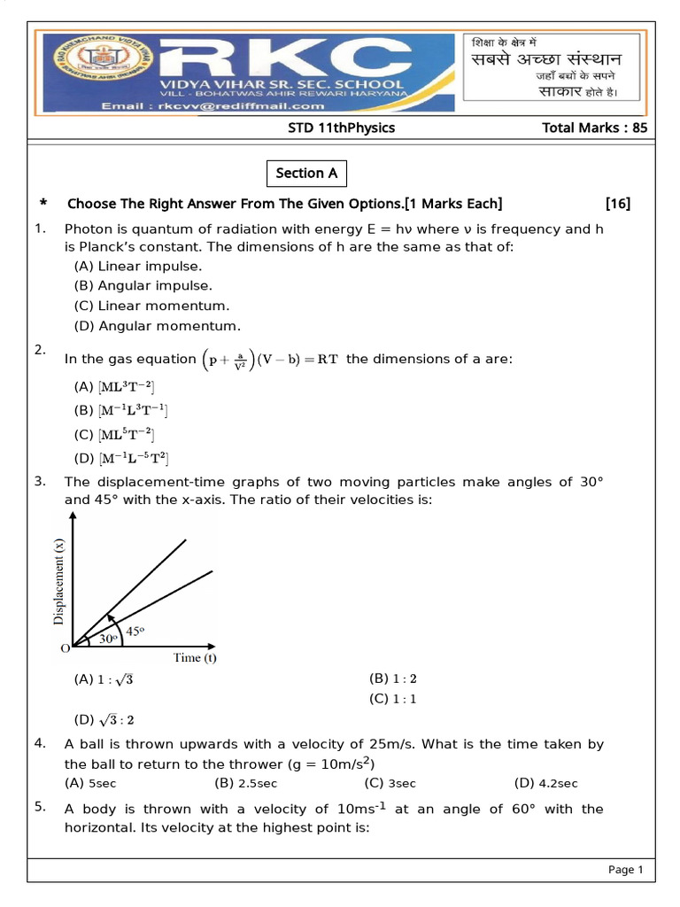 11 Physics Half yearly | PDF | Force | Velocity