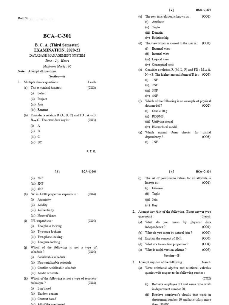BCA Database Management Exam 2020-21 | PDF