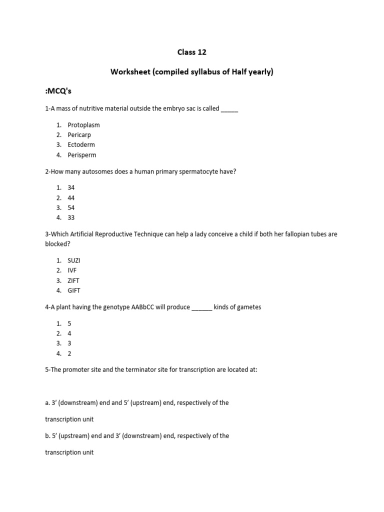 Class 12 - (Compiled Revision Worksheet) | PDF | Meiosis | Genetics