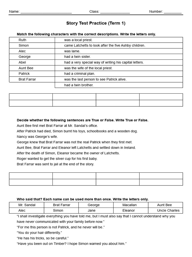 Brat Farrar Character Analysis Test | PDF