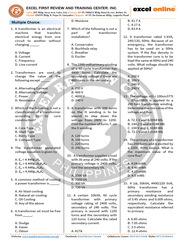 EE - Electrical Apparatus and Devices 1 Questions | PDF | Transformer ...
