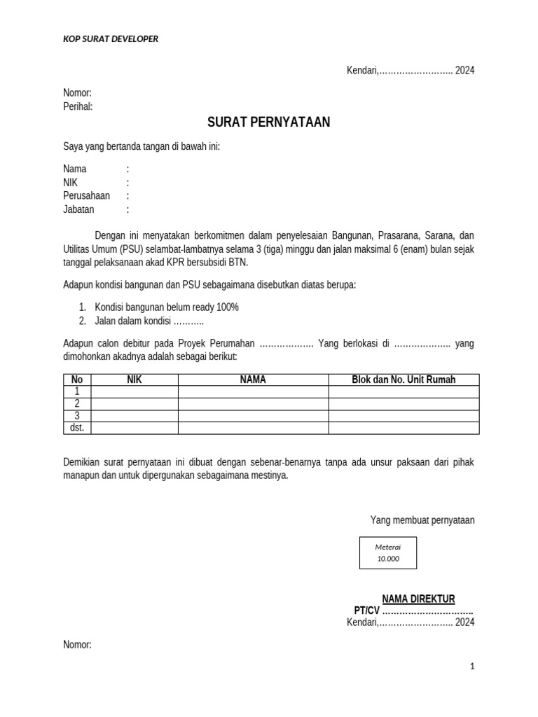 Kelengkapan Surat Pernyataan Akad Kimpraswil (Bangunan Dan PSU) Belum ...