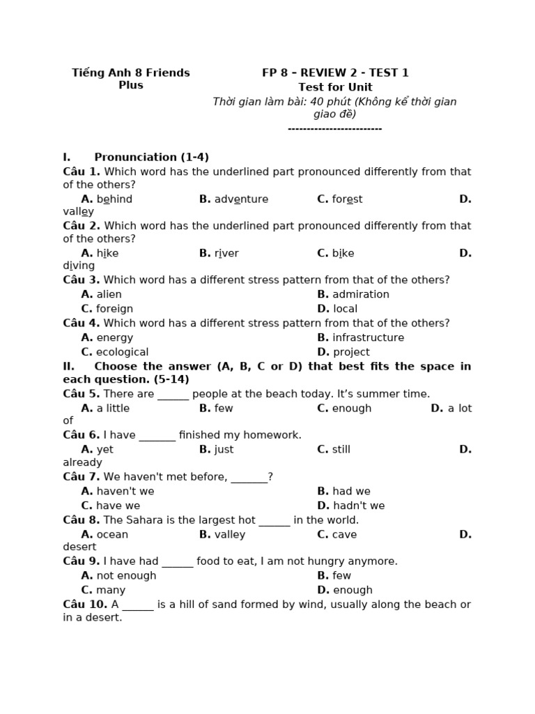 Tiếng Anh 8 Friends Plus test 1 hk1 | PDF