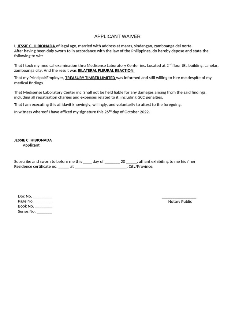 Applicant Medical Waiver Affidavit | PDF