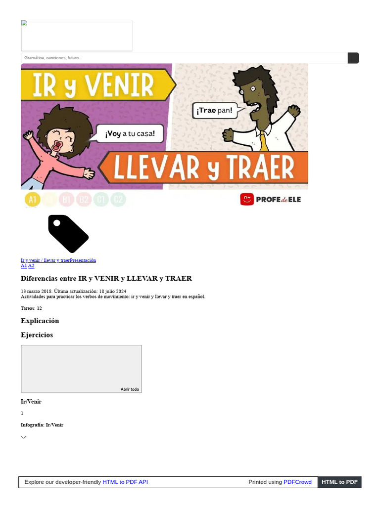 Diferencias Entre IR y VENIR y LLEVAR y TRAER - ProfedeELE.h | PDF ...