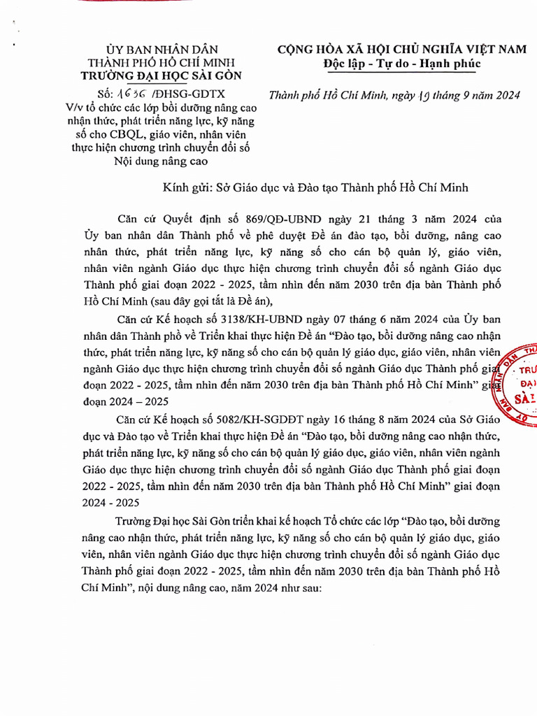 1636 19092024 Ke Hoach Trien Khai Cds Nang Cao - DH Sai Gon | PDF