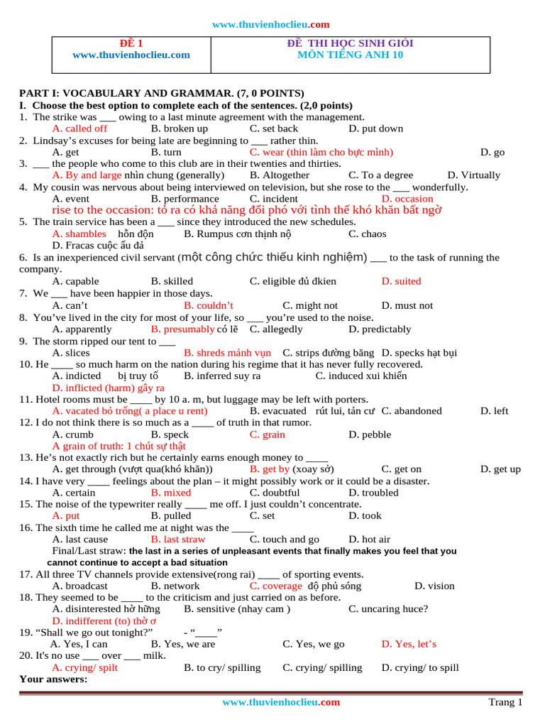 Bo de Thi HSG Tieng Anh 11 Co Dap An | PDF