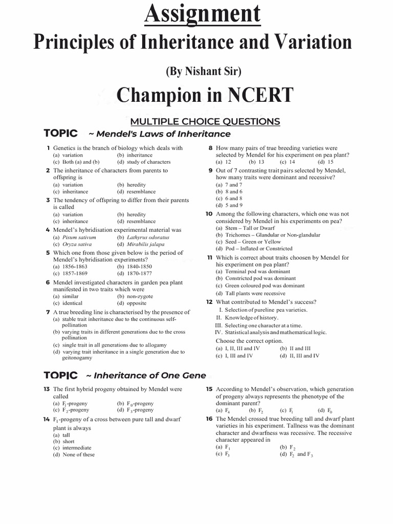 Assignment - Principles of Inheritance and Variation - by Nishant Sir | PDF | Dominance ...