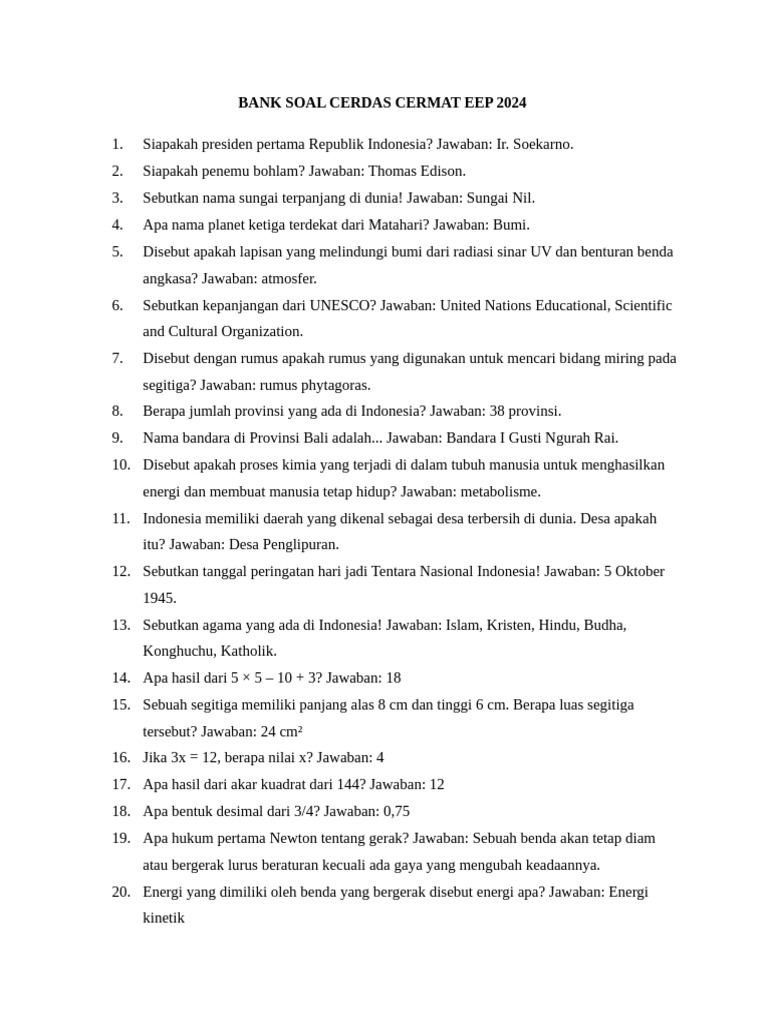 Bank Soal Cerdas Cermat Eep 2024 | PDF