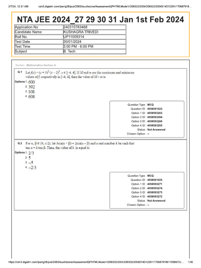 JEE MAIN RESPONSE SHEET (Session 1) | PDF