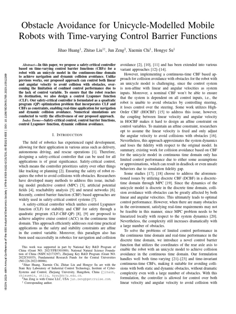 Obstacle Avoidance for Unicycle-Modelled Mobile Robots With Time-Varying Control Barrier ...