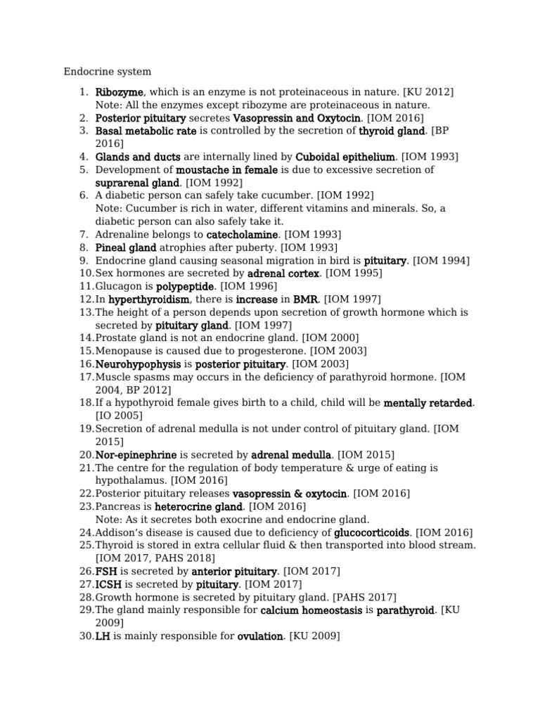 Endocrine System Entrance Past Questions | PDF | Endocrine System ...