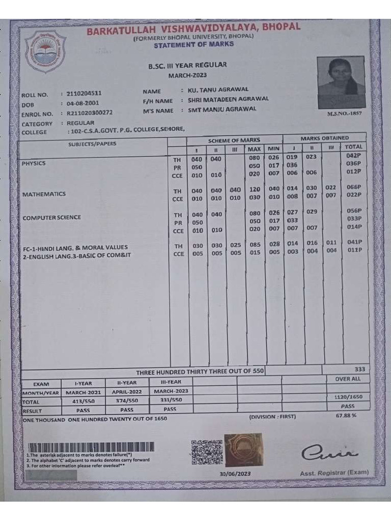 3rd Year Marksheet | PDF