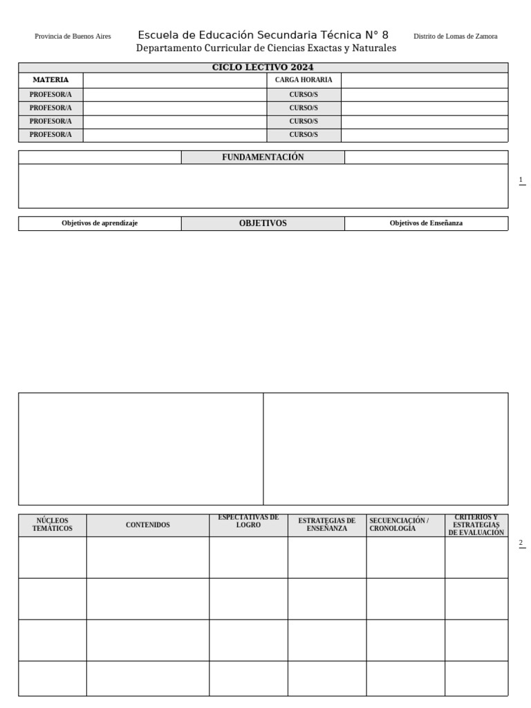 Modelo Planif EEST N°8 2024 | PDF | Maestros | Enseñando